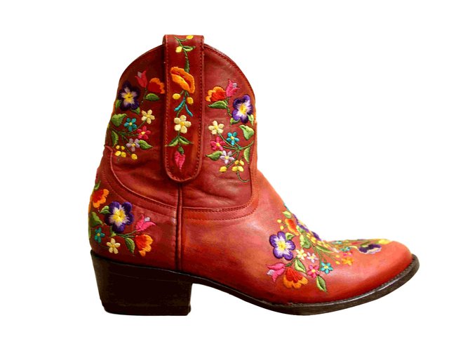 Mexicana Bottines santiag brodées Cuir Rouge ref.101383 - Joli Closet