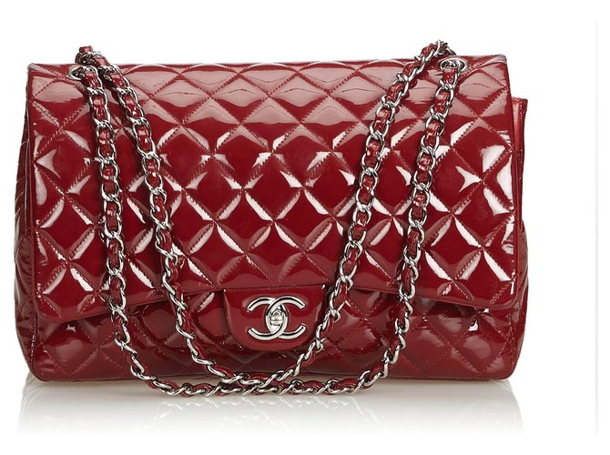 Chanel Sac à rabat doublé en cuir verni Maxi Classic Classic rouge Cuir ...