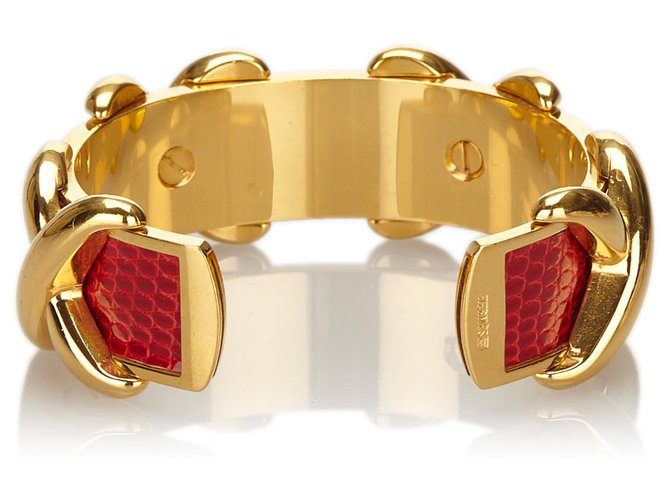 Hermès Hermes Red Leather Logo Bracelet Golden Metal ref.172879 - Joli ...
