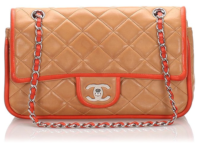 Chanel Brown Medium Lambskin lined Flap Bag Beige Orange Leather ref ...