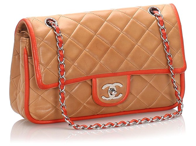 Chanel Brown Medium Lambskin lined Flap Bag Beige Orange Leather ref ...