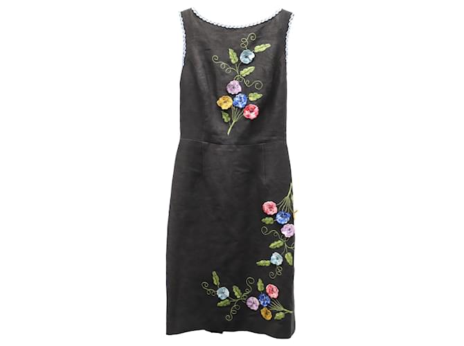 Anna Sui Vintage Robe fourreau florale brodée en lin noir ref.630369 ...