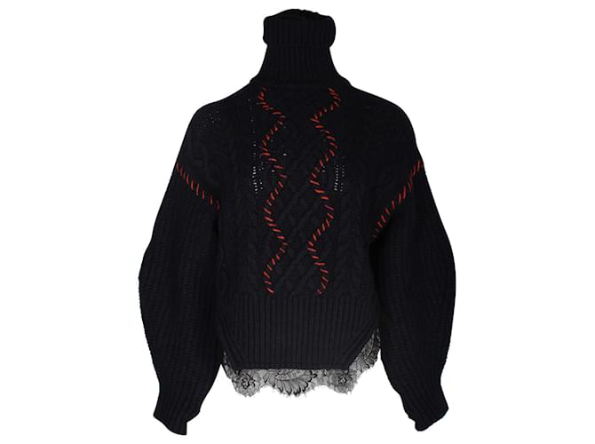 Self portrait Self-Portrait Lace Trim Cable Knit Sweater In Navy Blue ...