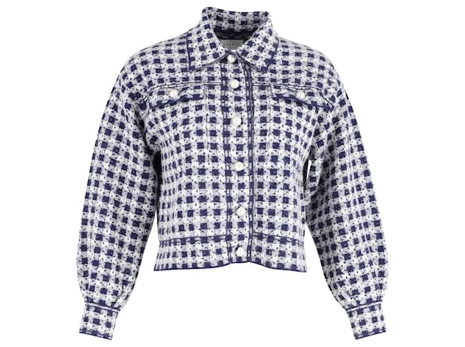 Sandro Jayce Checked Tweed Cropped Jacket in Blue and White Cotton ref ...