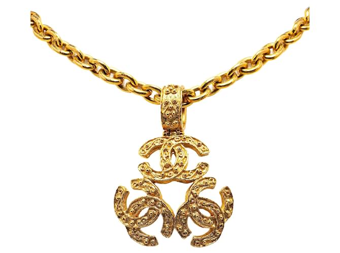 Chanel Gold Triple CC Pendant Necklace Golden Metal Gold-plated ref ...