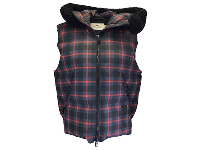 Coach Navy Blue / Red Riley Hooded Plaid Puffer Vest Polyester ref ...