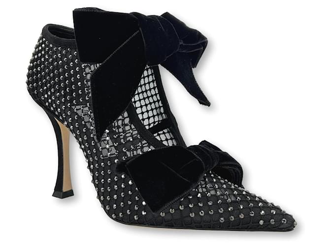 Jimmy Choo Crystal mesh velvet bows pumps Black Silvery Leather ...