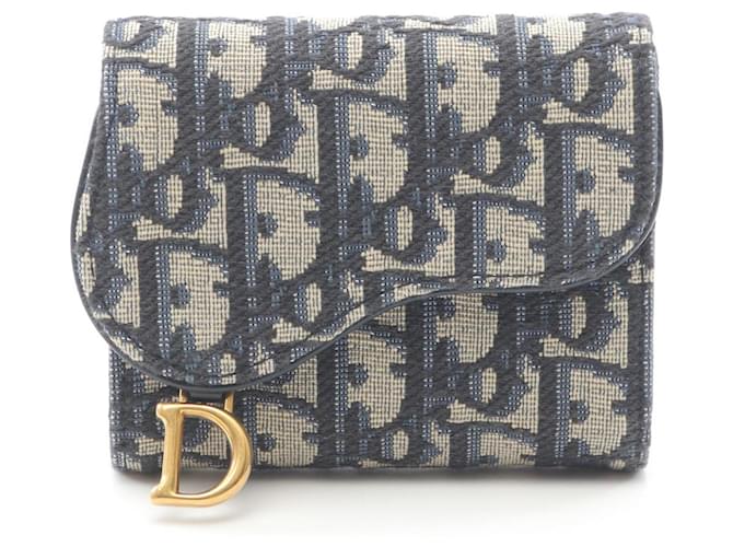 Christian Dior Dior Saddle Lotus Wallet Beige Navy blue Leather Cloth ...