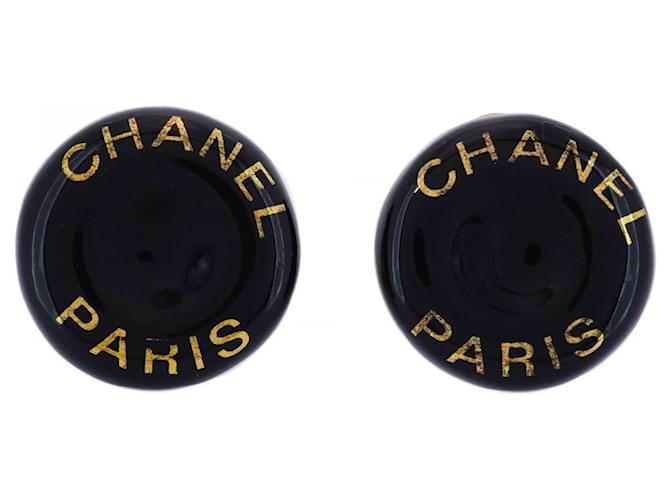 Chanel Circle Clip Earrings Black Golden Plastic Gold-plated ref ...