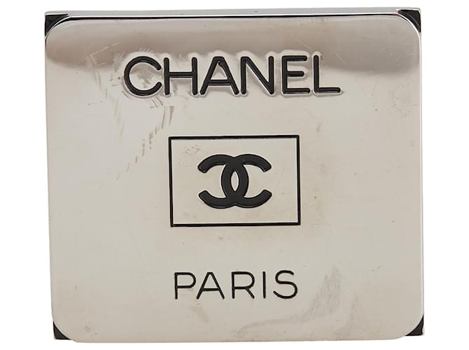 Chanel Silver Palladium Plated Enamel Logo Plate Brooch Silvery Metal ...