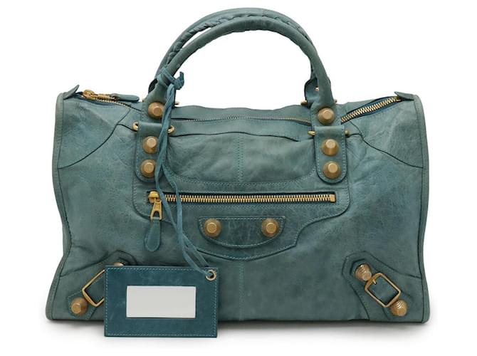 Balenciaga Leather Emerald Giant Work Bag Blue Pony-style calfskin ref ...