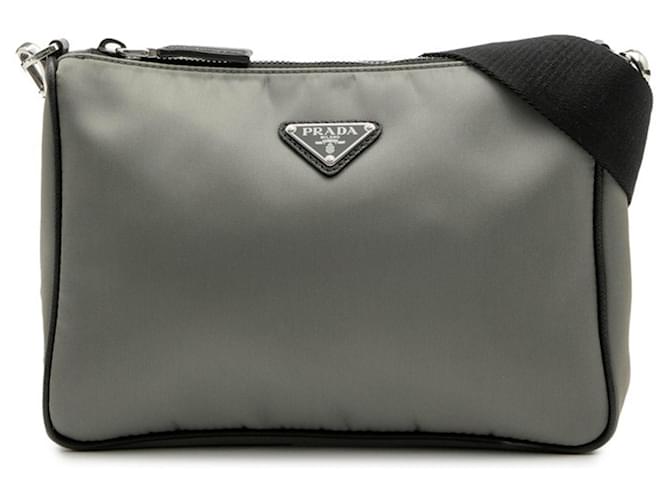 Prada Triangle Logo Plate Shoulder Bag Brown Black Leather Nylon ref ...