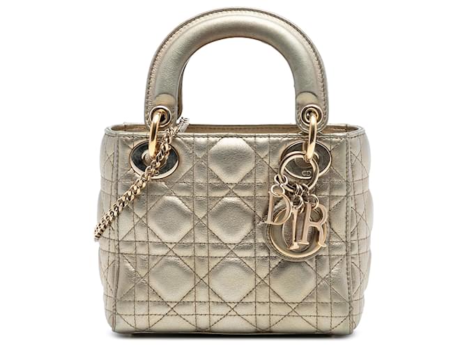 Dior Gold Mini Metallic Lambskin Cannage Lady Dior Golden Leather ref ...
