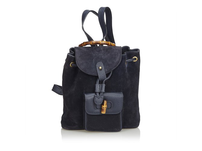 Gucci Bamboo Suede Drawstring Backpack Black Leather ref.103549 - Joli ...