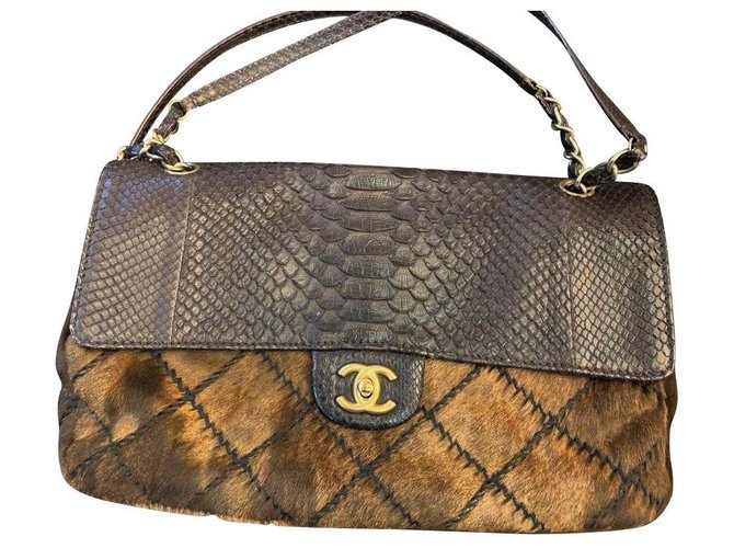 Chanel snakeskin and fur classic flap bag Dark brown Exotic leather ref ...