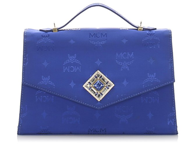 MCM Blue Visetos Envelope Clutch Bag Leather Cloth Pony-style calfskin ...