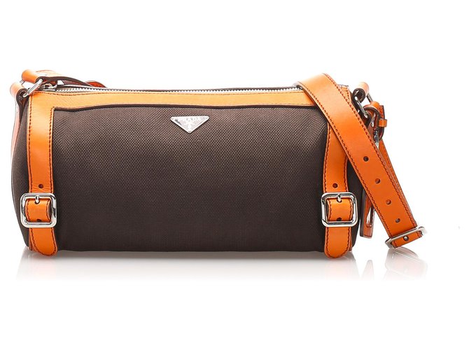 Prada Brown Canvas Shoulder Bag Orange Dark brown Leather Cloth Pony ...