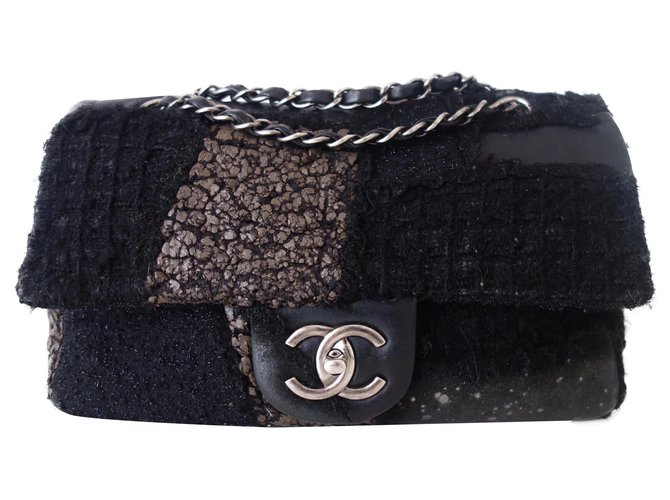 Timeless Chanel Classic Patchwork Bag Black Leather Wool Tweed ref ...