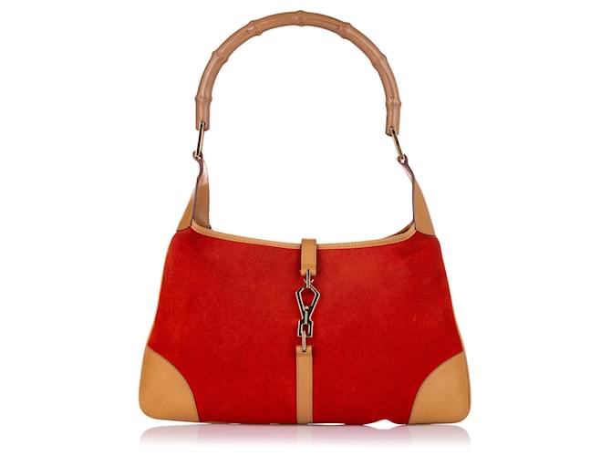 Sac à main en daim Jackie en bambou rouge Gucci Suede Cuir Marron ref ...