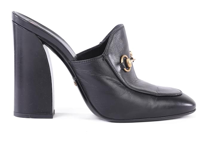 Mules à talons blocs Julie Princetown en cuir noir avec mors Gucci ref ...