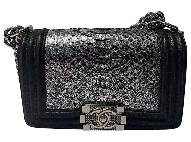 Chanel Rare Le Boy Shoulder Bag in Silver Python Skin and Black Goat ...