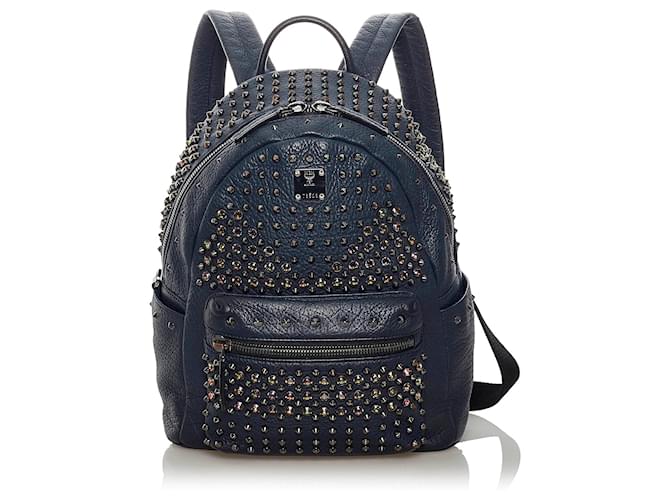 MCM Blue Visetos Stark Leather Backpack Dark blue Pony-style calfskin ...
