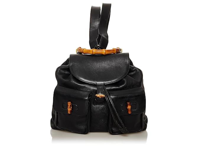 Gucci Black Bamboo Drawstring Leather Backpack Pony-style calfskin ref ...