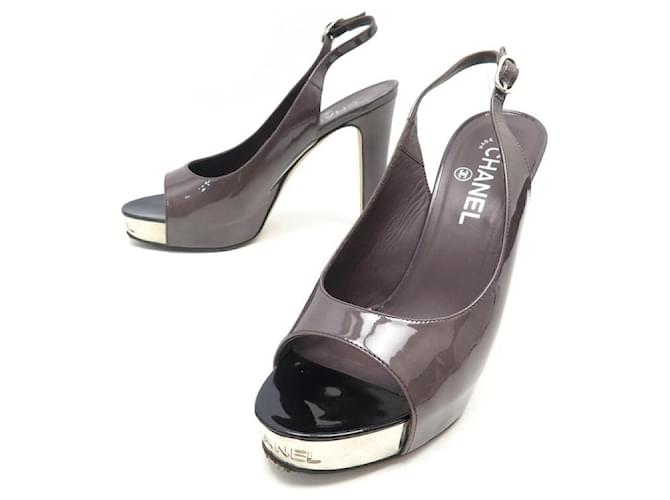 SANDALIAS TACÓN CHANEL 38.5 ZAPATO BOX CHAROL TOPO Gris pardo ref ...