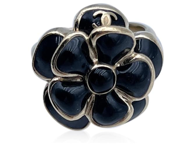 Chanel Vintage Black Enamel and Gold Metal Camelia Camellia Ring Golden ...