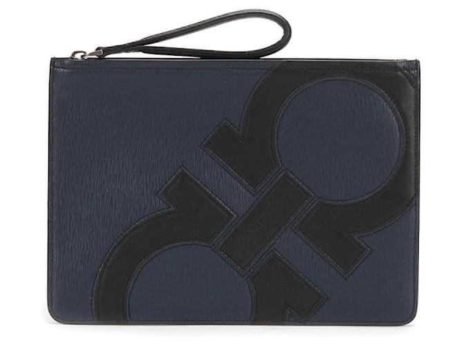 Salvatore Ferragamo Gancini Logo Clutch Bag Blue Leather Pony-style ...