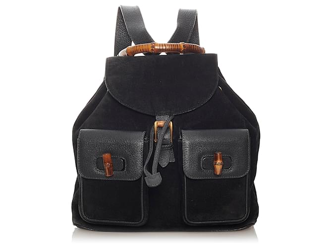 Gucci Black Bamboo Suede Drawstring Backpack Leather Pony-style ...
