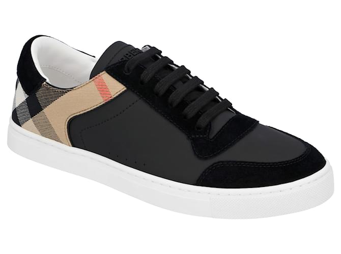 Burberry men house check sneakers in black cotton and leather mix ref ...