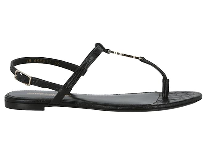 Saint Laurent CASSANDRA FLAT SANDALS Black Leather Pony-style calfskin ...
