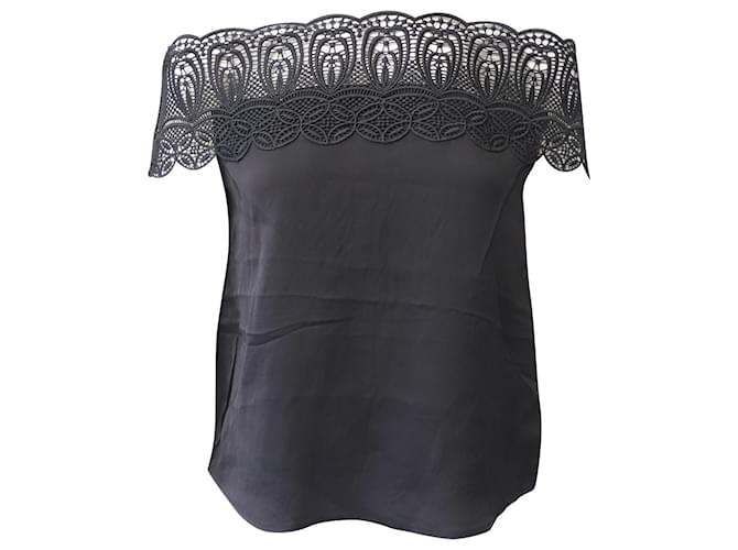 Self portrait Self-Portrait Bardot Lace Neck Top in Black Polyester ref ...