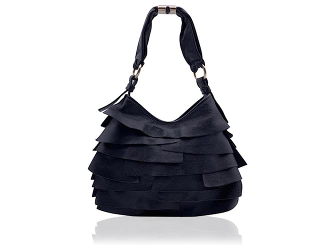Yves Saint Laurent Black Ruffled Leather St Tropez Hobo Tote Bag ref ...