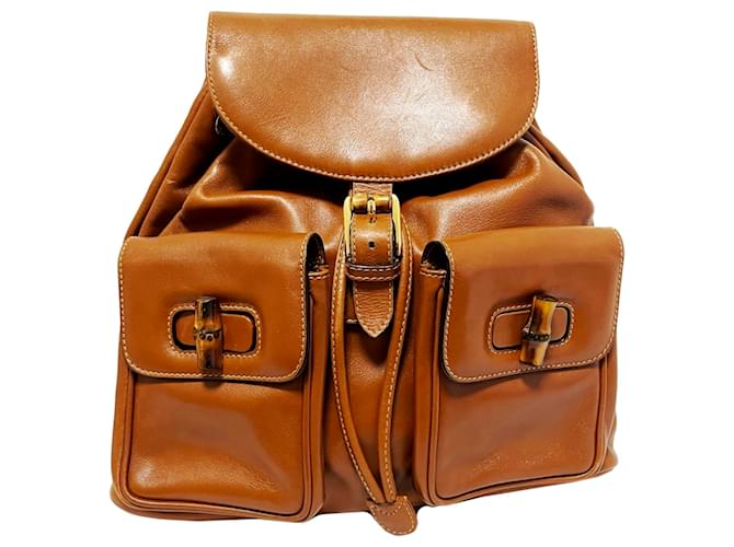 Gucci Brown Bamboo Drawstring Leather Backpack Pony-style calfskin ref ...