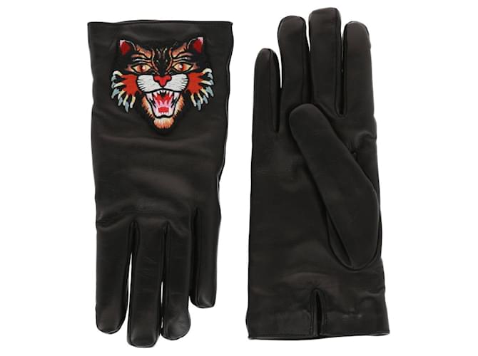 Gants en cuir brodés chat Gucci Noir ref.624846 - Joli Closet