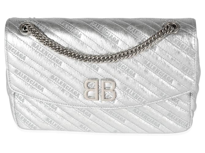 Balenciaga Silver Embossed Quilted Leather Bb Round Large Flap Bag Grey ...