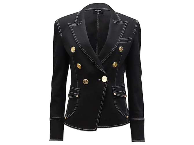 Balmain Double-Breasted Topstitched Blazer in Black Cotton Denim ref ...