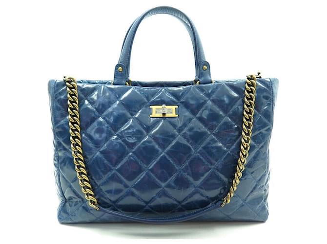 NEW CHANEL SHOPPING CABAS CLASP HANDBAG 2.55 CC BLUE LEATHER HAND BAG ...