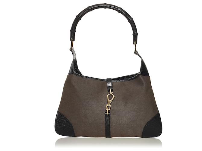 Gucci Brown Bamboo Jackie Canvas Shoulder Bag Black Dark brown Cloth Cloth ref.660922 - Joli Closet