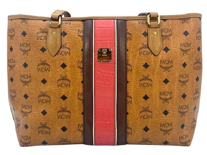 MCM TOP ZIP SHOPPER BAG COGNAC STRIPE ref.680737 - Joli Closet