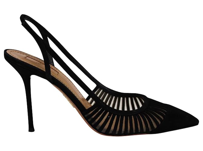 Aquazzura Zana 95 Escarpins Slingback en Daim Noir Suede ref.715804 ...