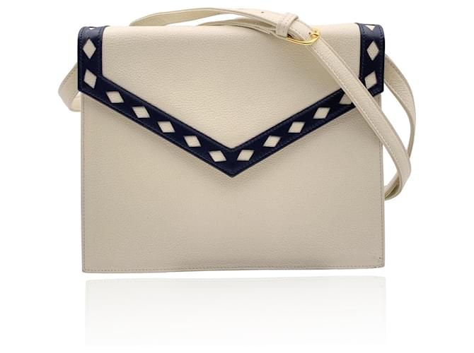 Yves Saint Laurent Vintage White and Blue Leather Flap Shoulder Bag ref ...