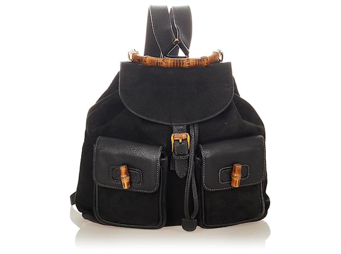 Gucci Black Bamboo Suede Drawstring Backpack Leather Pony-style ...