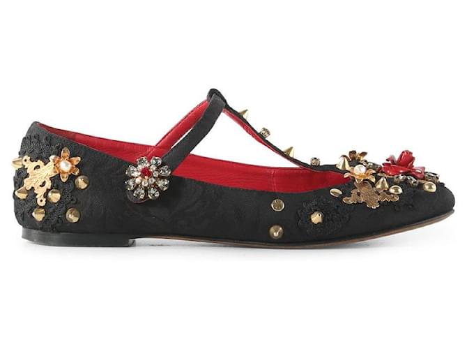 Dolce & Gabbana Black Brocade Embellished Mary Jane Ballerina Flats ...