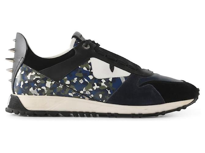 Fendi Baskets Spike Runner en daim/cuir granit noir et bleu marine ref ...
