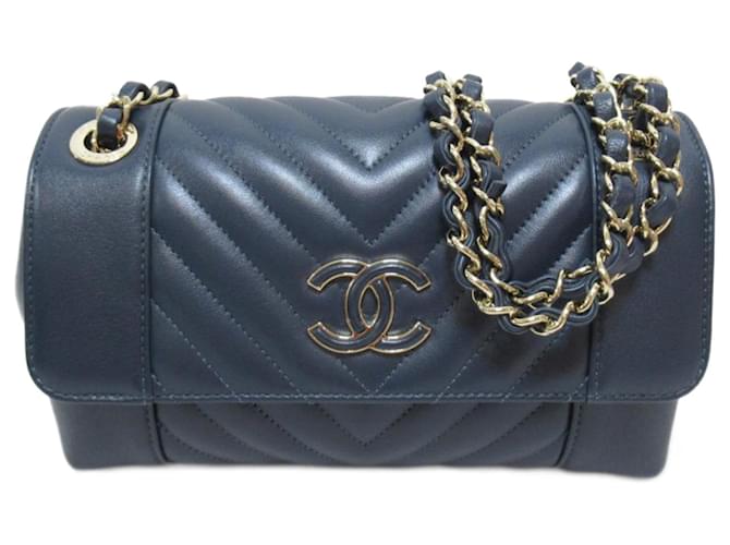 Chanel Chevron Leather Chain Flap Bag Blue Pony-style calfskin ref ...
