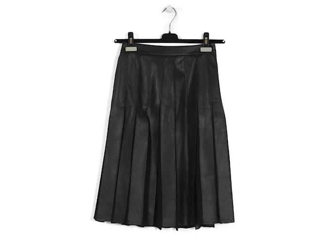 Jupe plissée en cuir et mousseline noire Diane Von Furstenberg ref ...