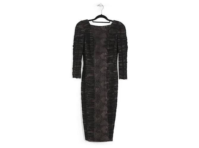 Elie Saab - Robe mi-longue beige et noire en laine/dentelle à manches ...